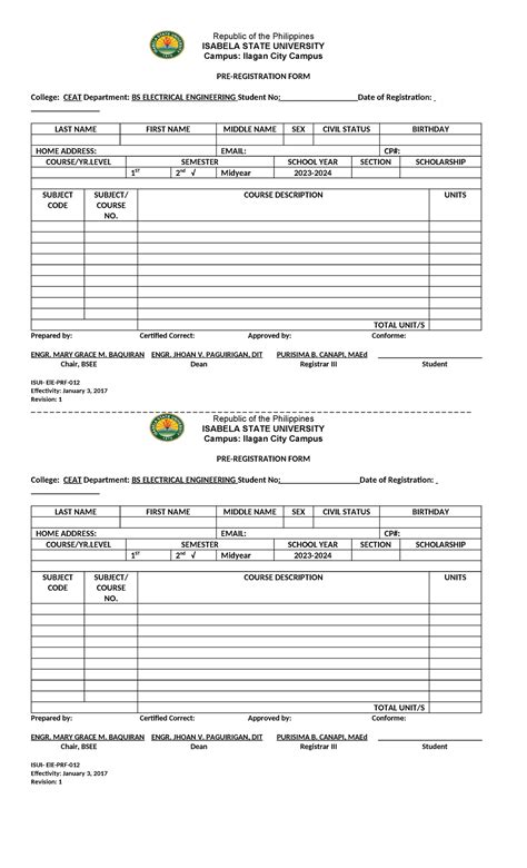 Pre Enrollment Form Bsee 2 Republic Of The Philippines Isabela State University Campus Ilagan