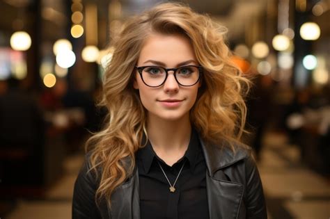 Premium Ai Image A Beautiful Young Woman Wearing Glasses In A Restaurant