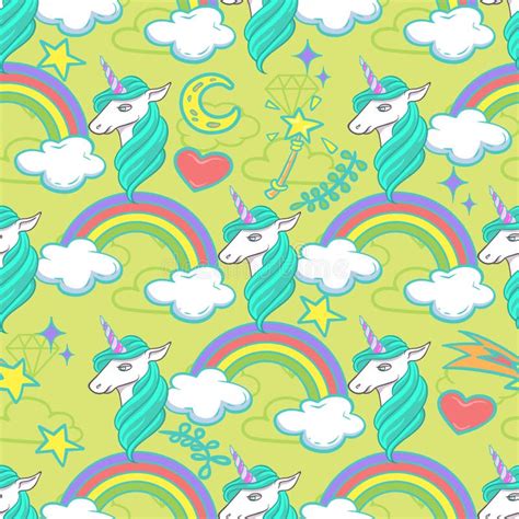 Seamless Pattern With Unicorns And Magic Elements Stock Vector