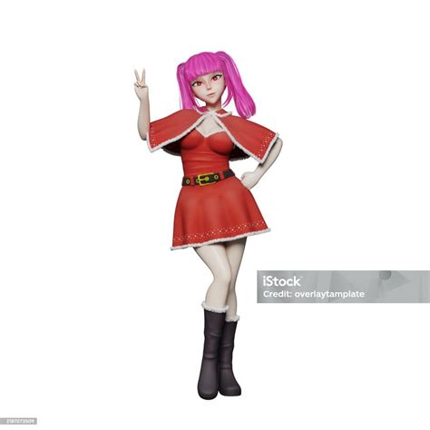 만화 산타 클로스 소녀 디자인 사실주의 여성 산타는 오른손은 두 손가락 기호를 형성하고 왼손은 허리에 대고 서 있습니다 3d 크리에이 티브 아트 3차원 형태에 대한 스톡