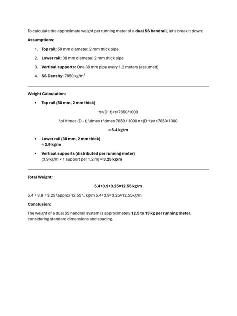 To Calculate The Approximate Weight Per Running Meter Of A Dual Ss Handrail Pdf