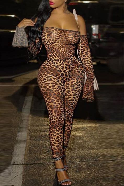 Leopard Print Sexy Print Patchwork Off The Shoulder Skinny Jumpsuits