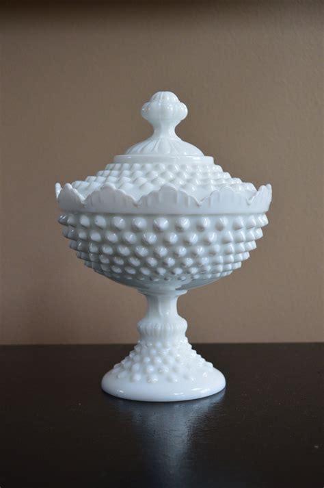 Vintage Fenton Milk Glass Hobnail Lidded Candy Dish 85