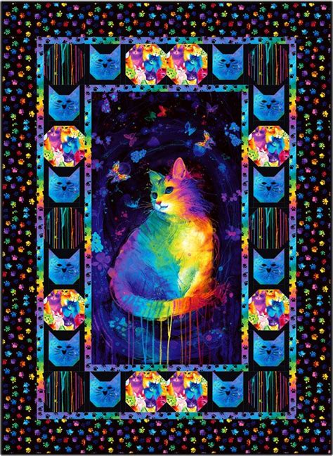 A Painting Of A Cat Sitting In The Middle Of A Colorful Frame With Cats