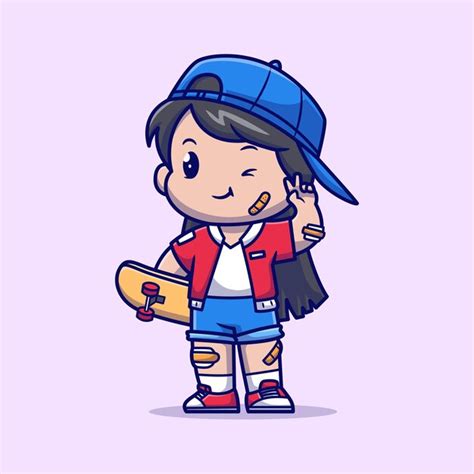 Free Vector Cute Cool Girl Holding Skateboard Cartoon Vector Icon