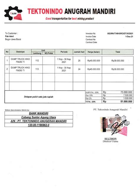 Invoice 002 Dump Truck Pt Bro 1 Desember 2021 Pdf