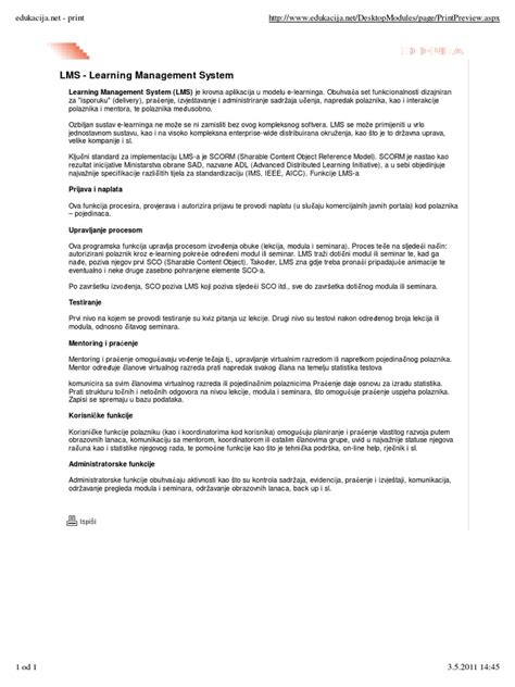 Learning Management System Lms Je Krovna Aplikacija U Modelu E