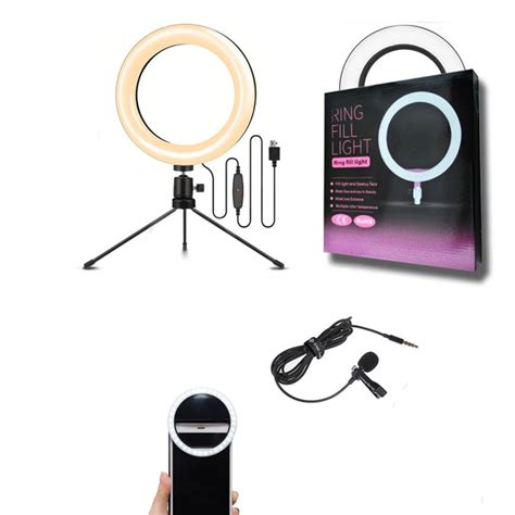 Kit Ring Light De Mesa 6 Polegadas Com Tripé De 16cm Microfone Lapela Mini Ring Light De