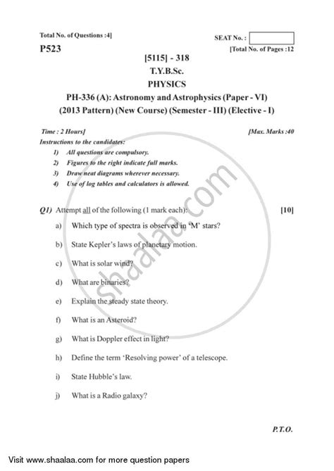 Astronomy And Astrophysics 2016 2017 B Sc Physics Semester 5 TYBSc