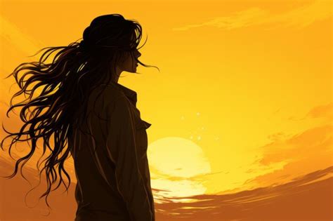 Premium AI Image A Woman With Long Hair Standing In Front Of A Sunset
