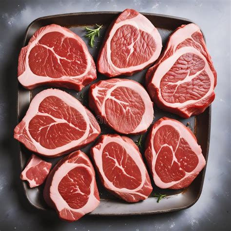 Raw Red Meat Steaks With Rosemary On Dark Metal Tray Top View Stock