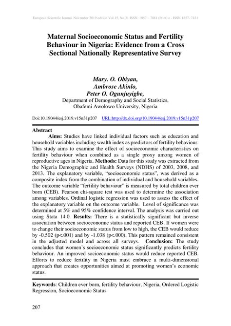 Pdf Maternal Socioeconomic Status And Fertility Behaviour In Nigeria