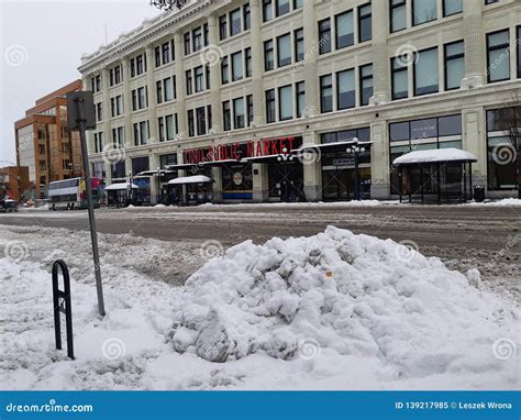 Snow Pile In Front Of A Building Faced With Terracotta Editorial Image Image Of City Street