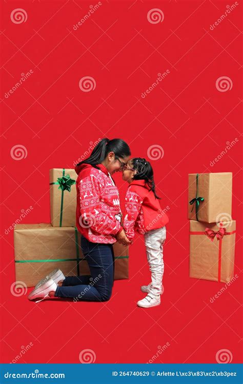 Latina Mom And Daughter With Glasses Wear Ugly Christmas Sweaters And