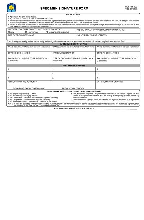 Pff003 Specimen Signature Form V08 Hqp Pff V08 07 2020 Instructions Accomplish This Form
