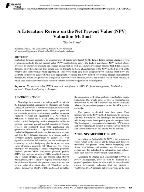 A Literature Review On The Net Present Value Npv Valuation Method Pdf Net Present Value