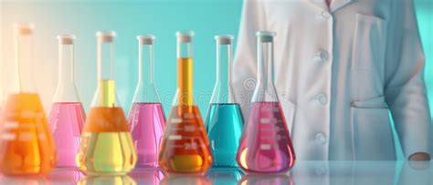 Colorful Liquids In Beakers On A Table In A Lab Setting Stock Photo
