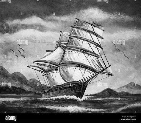 Monochrome Photography Black And White Original Oil Painting Sailboat