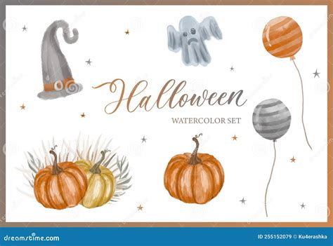 Halloween Watercolor Set For Party Invitation Or Greeting Card With