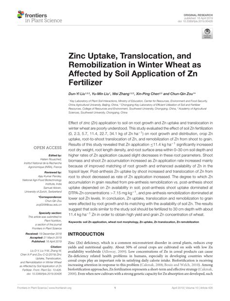 Pdf Zinc Uptake Translocation And Remobilization In Winter Wheat As