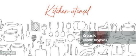 주방 용품 수평 윤곽 배너입니다 요리 디자인의 배경입니다 주방용품과 식기류 조리 도구 및 가전 제품 주방용품 기구 가정 생활에 대한 스톡 벡터 아트 및 기타 이미지 Istock