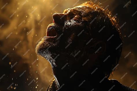 A Man With A Beard And Mouth Open With Water Dripping Off His Face