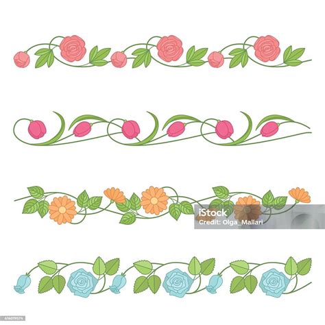 벡터 플로럴 테두리 세트입니다 장미 모란 차모 마일 튤립의 장식 0명에 대한 스톡 벡터 아트 및 기타 이미지 0명 4가지 개체 귀여운 Istock
