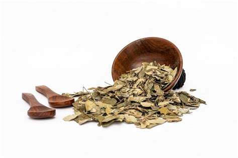 Neem Patti 아유르베다 의약품 Azadirachta Indica 잎 흰색 배경 갈색 그릇 프리미엄 사진