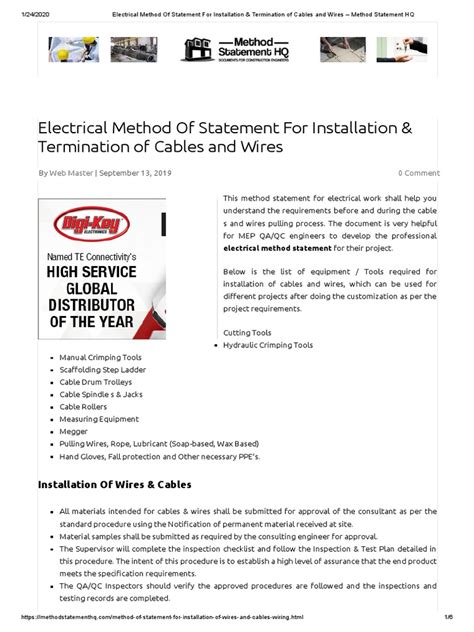 Electrical Method Of Statement For Installation And Termination Of Cables And Wires Method