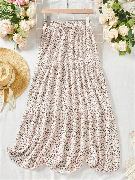 SHEIN VCAY Vacation Style Floral Print Elastic Waist Layered Frill Hem Long Skirt SHEIN USA