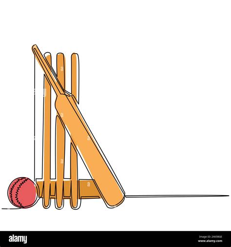 Continuous One Line Drawing Cricket Bat Ball And Wicket Stumps