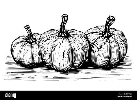 Ink Sketch Of Pumpkin Isolated On White Background Hand Drawn Vector