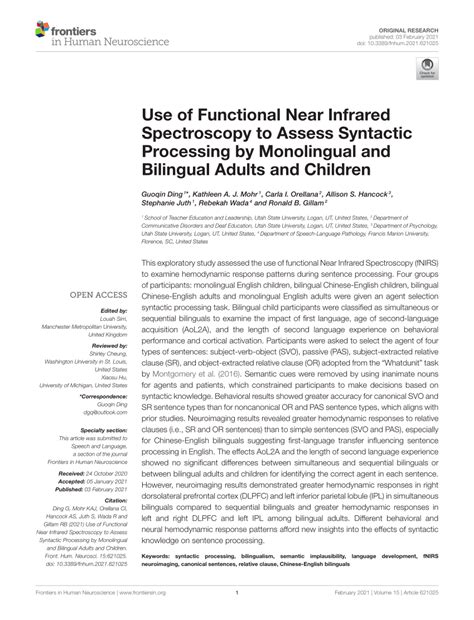 Pdf Use Of Functional Near Infrared Spectroscopy To Assess Syntactic Processing By Monolingual