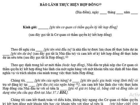 Mẫu thư bảo lãnh thực hiện hợp đồng trong đấu thầu lựa chọn nhà đầu tư