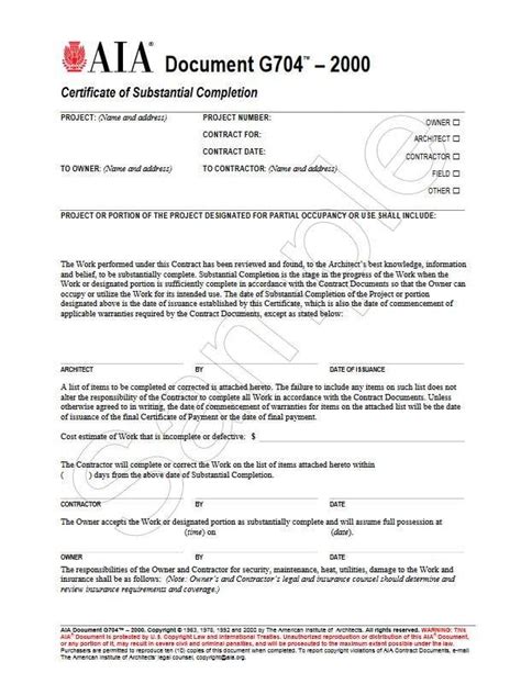 G7042017 Certificate Of Substantial Completion AIA Bookstore