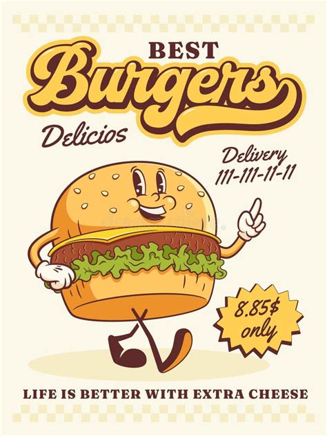 Groovy Burger Retro Character Poster Cartoon Hamburger Walking And