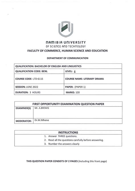 Ltd611s Literary Drama 1st Opp June 2022 Nust Past Examination