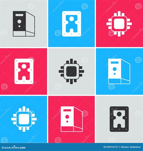 Set Case Of Computer Hard Disk Drive Hdd And Processor With Cpu Icon