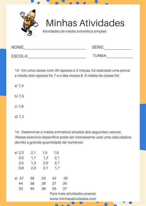Média Aritmética Simples Para Ensino Fundamental II