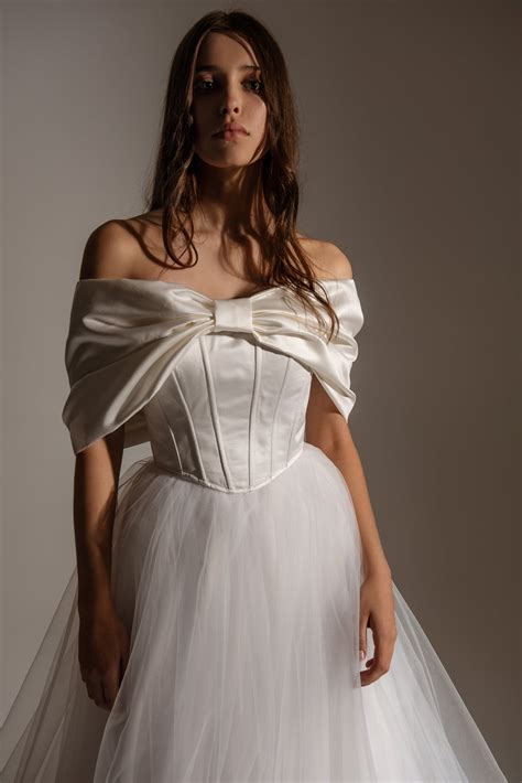 Off The Shoulder Wedding Satin Corset Top With Big Bow Lacing Back Cu