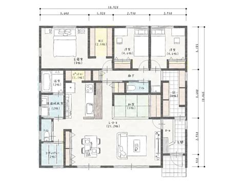 リビングと繋がる広い土間のある間取りです。玄関から直接リビングと和室に入れます。玄関→土間収納→ファミクロと回遊できる帰宅動線も！ 平屋 間取り フロアプラン 二世帯住宅 間取り