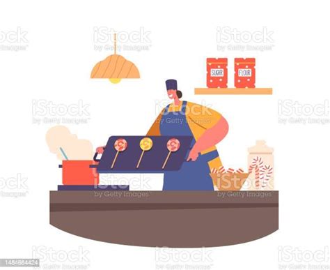 생과자 요리사 여성 캐릭터가 부엌에서 카라멜 롤리팝을 요리한다 여자는 유쾌한 디저트 벡터 일러스트레이션을 만든다 달콤한 음식에 대한 스톡 벡터 아트 및 기타 이미지 Istock