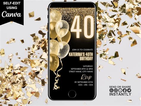 Th Digital Birthday Invitation Electronic Th Phone Party Invite Black Gold Text Evite