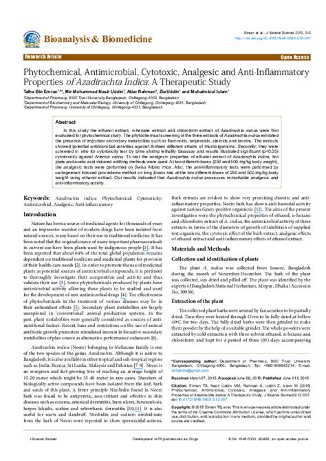Pdf Phytochemical Antimicrobial Cytotoxic Analgesic And Anti