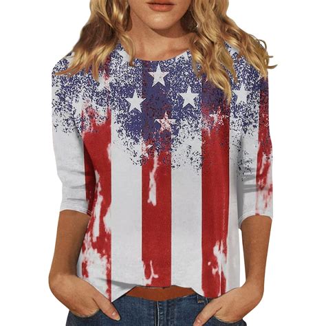 July 4th 3 4 Sleeve Shirts For Women American Flag Stars Stripes Shirts