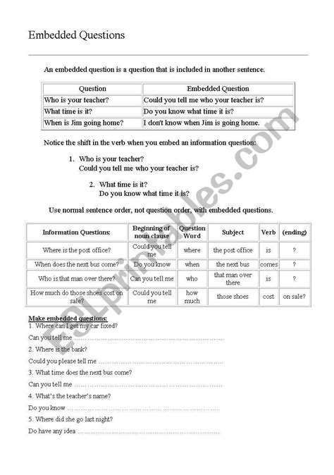 Embedded Questions ESL Worksheet By Brupoletto