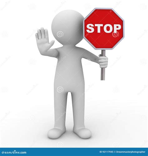 3d Man Showing Stop Gesture And Holding Stop Sign Over White Background