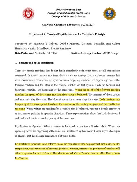 experiment 3 group 1 pdf chemical equilibrium chemical reactions