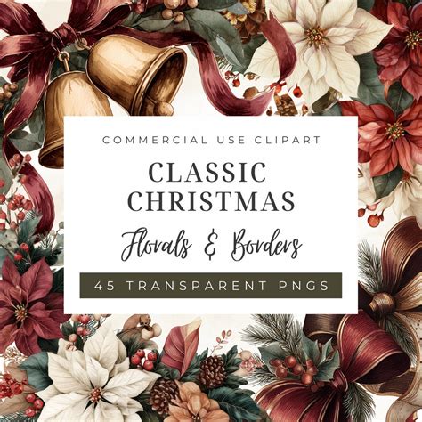 Watercolor Classis Vintage Christmas Florals And Borders Clipart Bundle