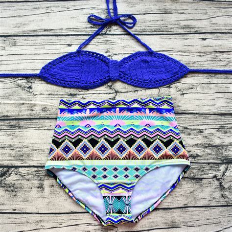 Retro Printed High Waist Bikini Ladies Solid Bra Bikini Set Brazilian